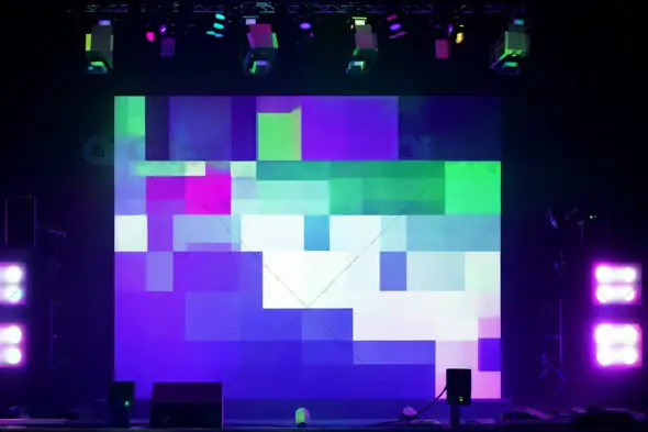 Colorful Pixelated Digital Screen Display on Stage with Lights | AIClips