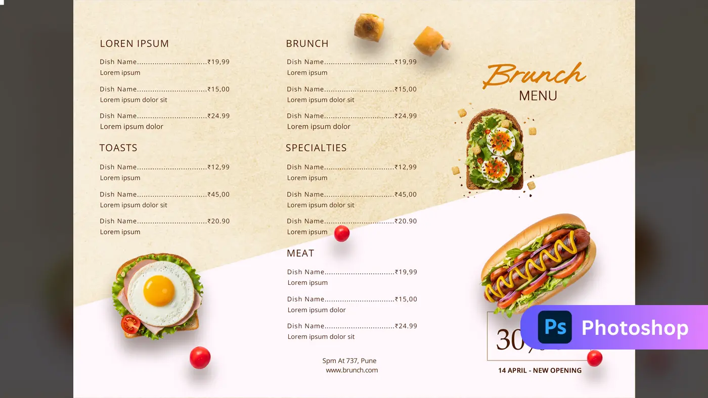 Restaurant Brunch Menu Layout with Photography | AIClips