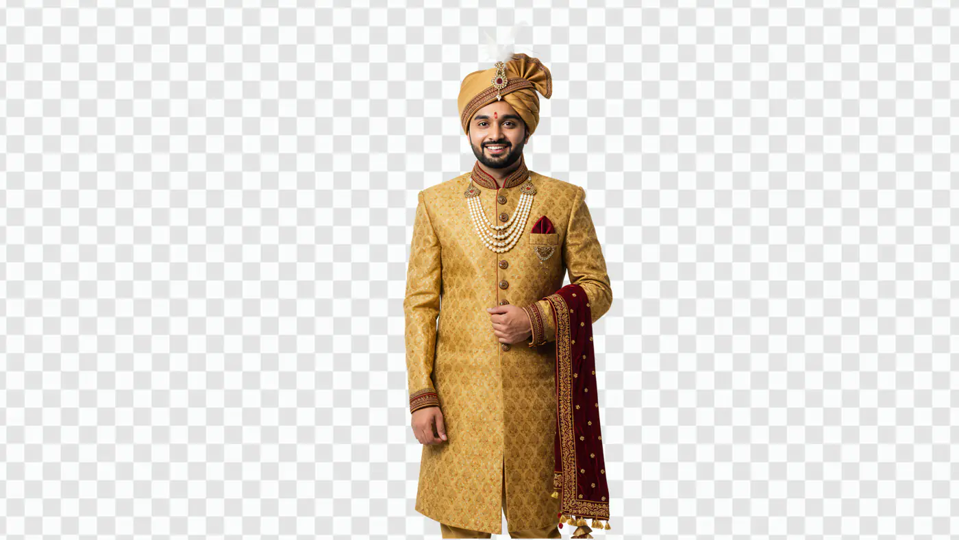 Traditional Indian Groom Attire Golden Sherwani PNG | AIClips